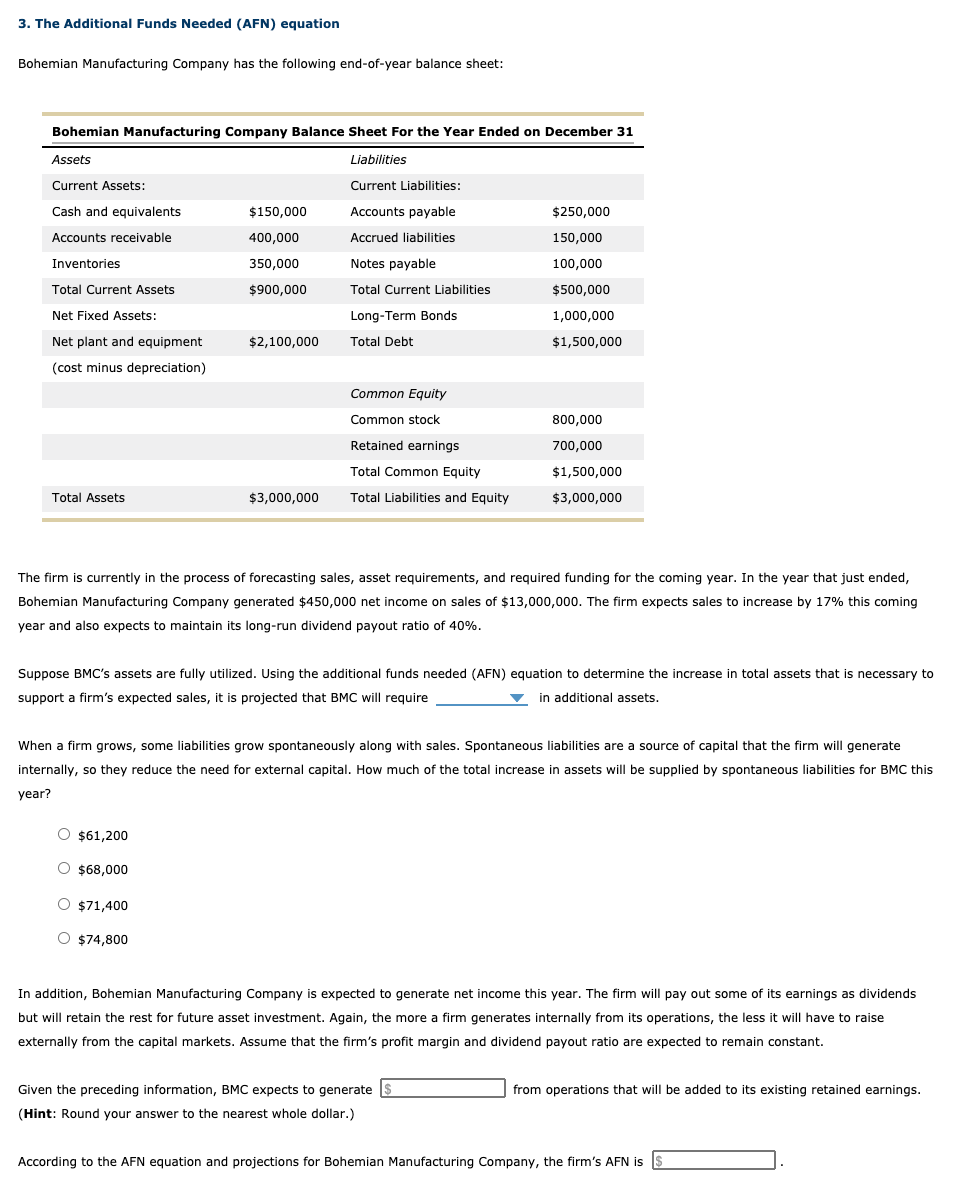 Solved 3. The Additional Funds Needed (AFN) equation | Chegg.com
