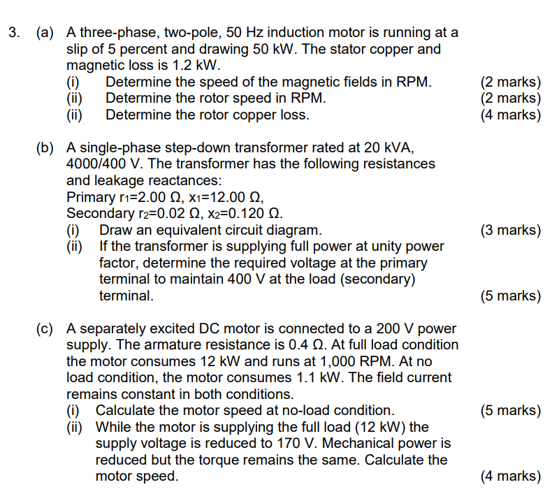 Solved 3. (a) A three-phase, two-pole, 50 Hz induction motor | Chegg.com