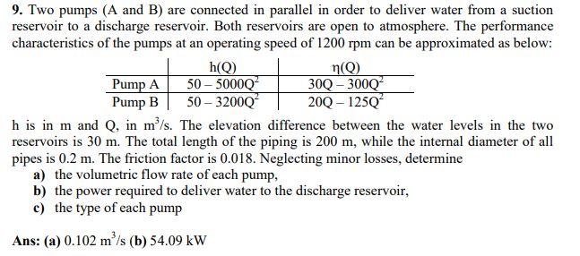 Solved 9. Two pumps (A and B) are connected in parallel in | Chegg.com