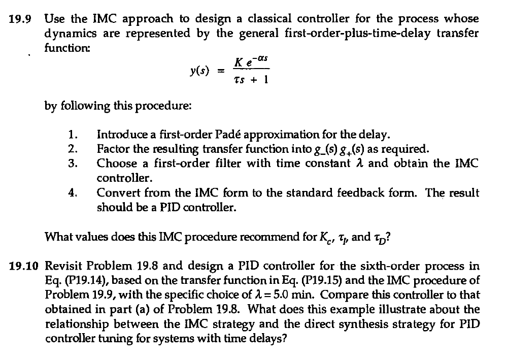 Solved 19.9 Use the IMC approach to design a classical | Chegg.com