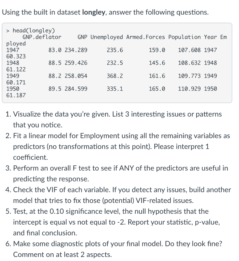 Using the built in dataset longley, answer the | Chegg.com