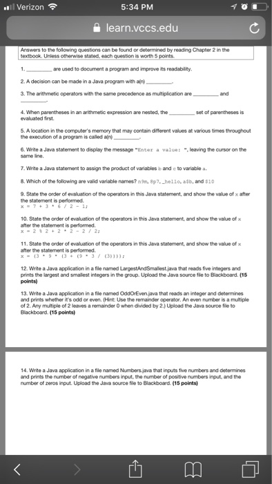 Solved ..1 Verizon令 5:34 PM learn.vccs.edu Answers to the | Chegg.com