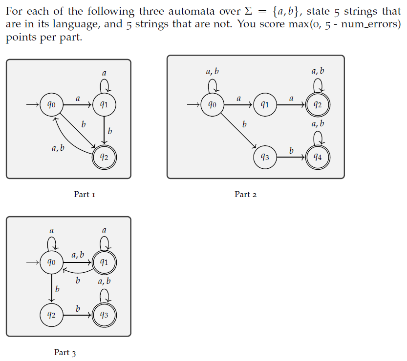 For each of the following three automata over | Chegg.com