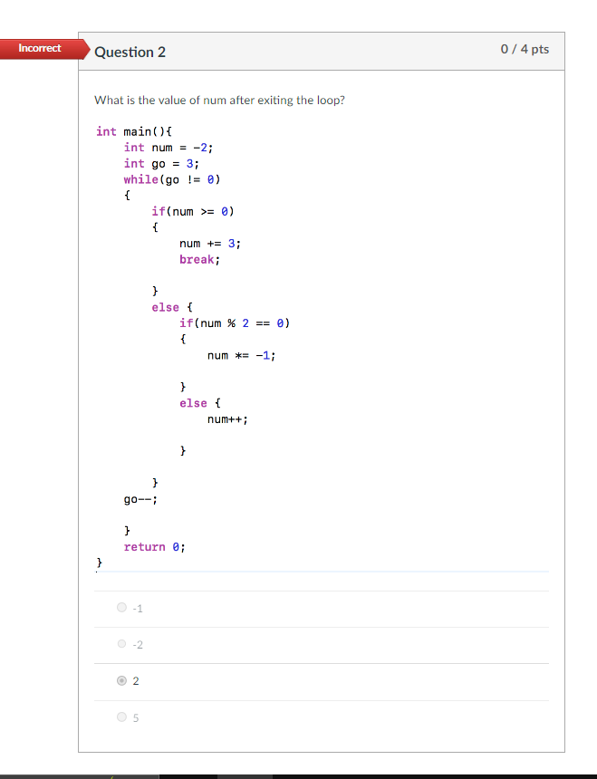 Solved Question 2 0/4 pts What is the value of num after | Chegg.com