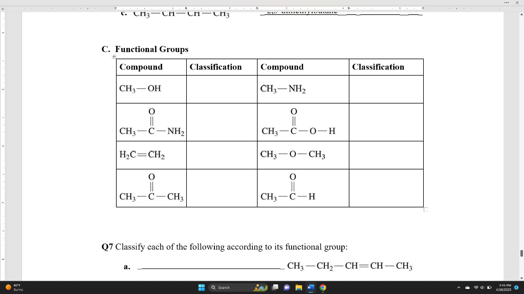 Solved c. CH3−LH−LH−CH3 C. Functional Groups Q7 Classify | Chegg.com
