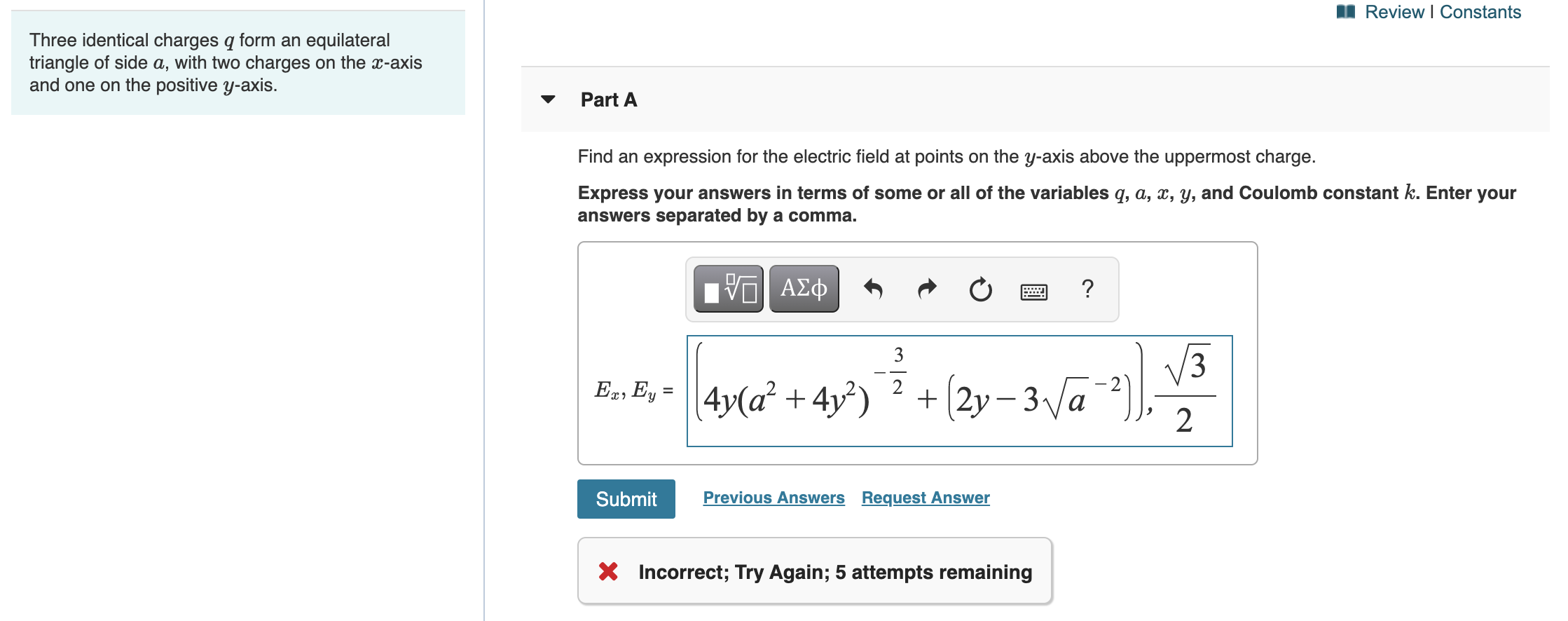 II Review | Constants Three identical charges q form | Chegg.com