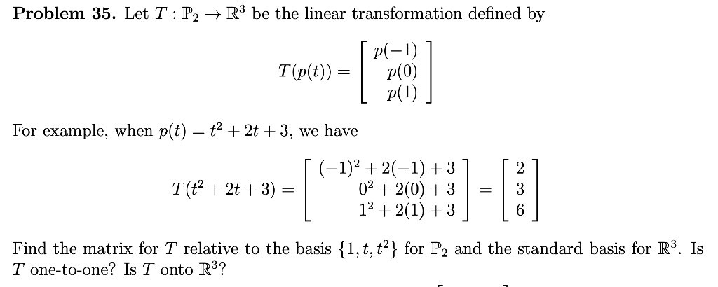 Solved Problem 35. Let T:P2→R3 be the linear transformation | Chegg.com