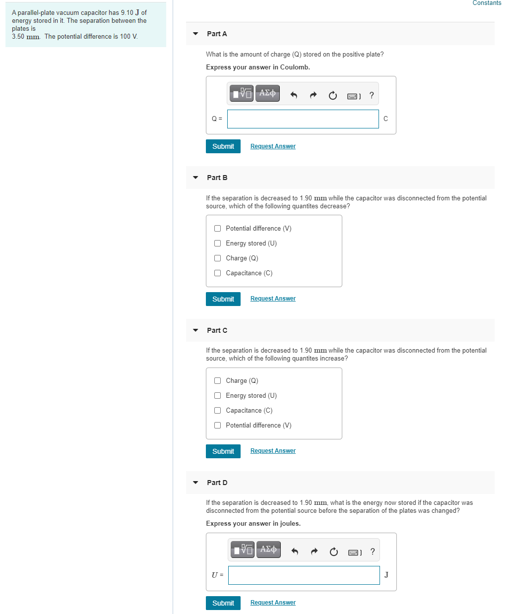 Solved Constants A parallel-plate vacuum capacitor has 9.10 | Chegg.com