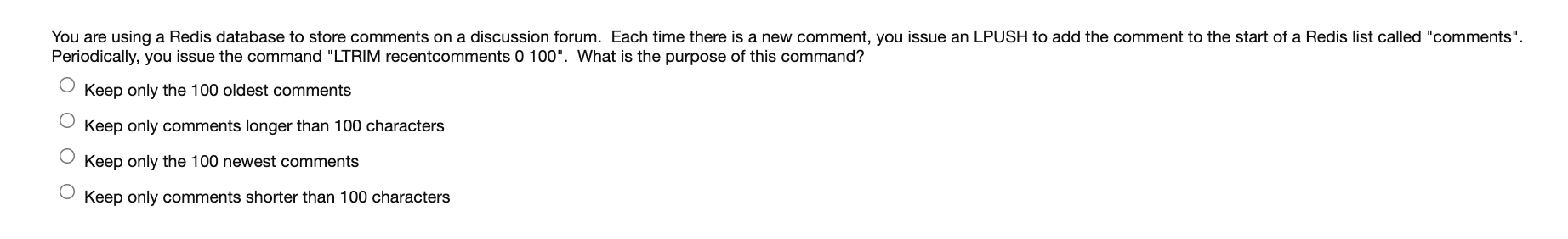 Solved You are using a Redis database to store comments on a | Chegg.com