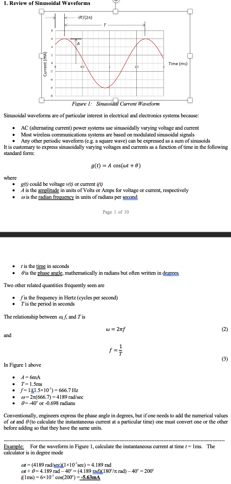 Solved 1. Review of Sinusoidal Waveforms -OT/(2T) - T- | Chegg.com