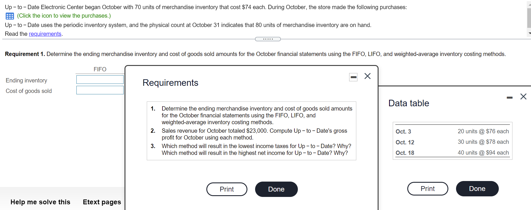 Solved Up - to - Date Electronic Center began October with | Chegg.com