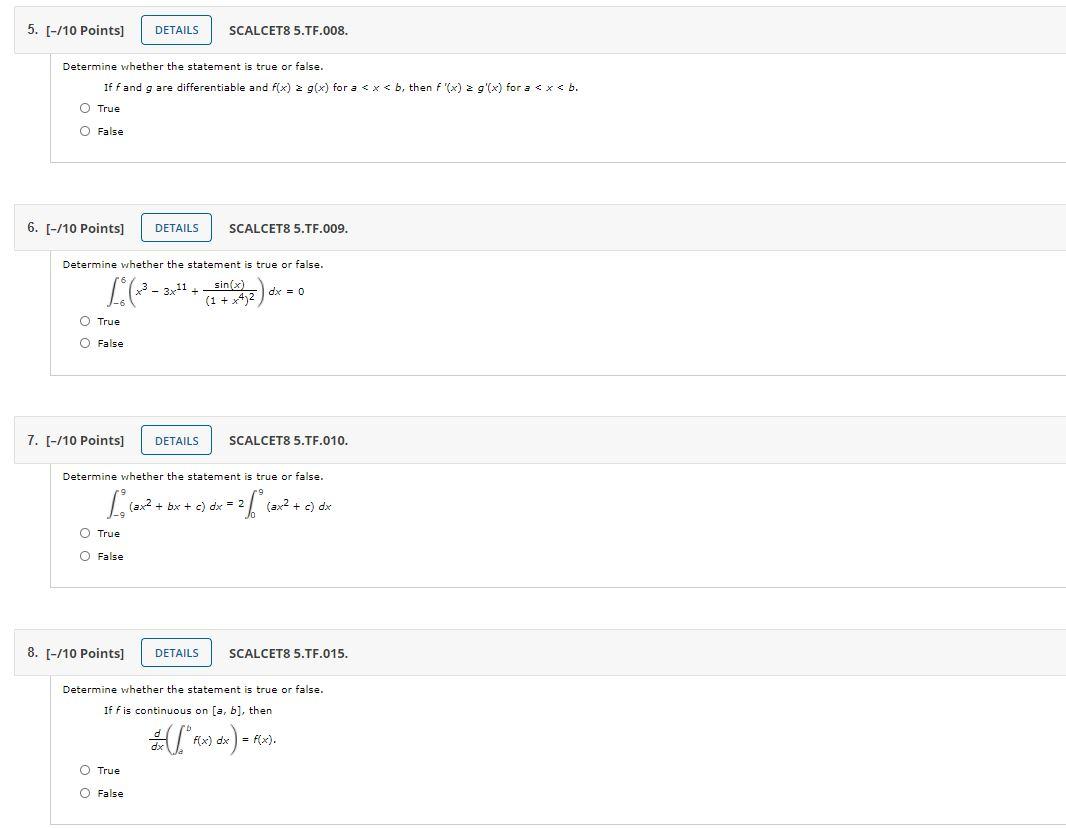 Solved 5. (-/10 Points] DETAILS SCALCET8 5.TF.008. Determine | Chegg.com