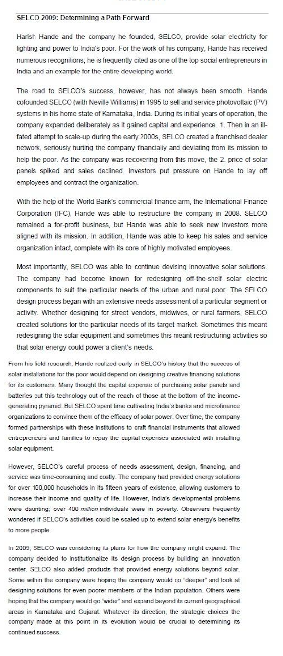 Solved SELCO 2009: Determining a Path Forward Harish Hande | Chegg.com