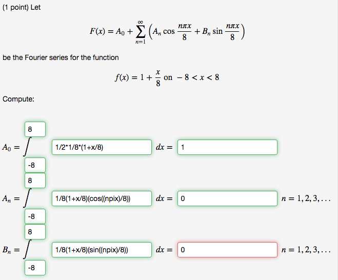 Solved (1 point) Let 00 nitx F(x) = 40 + (A, cos плх + B, | Chegg.com