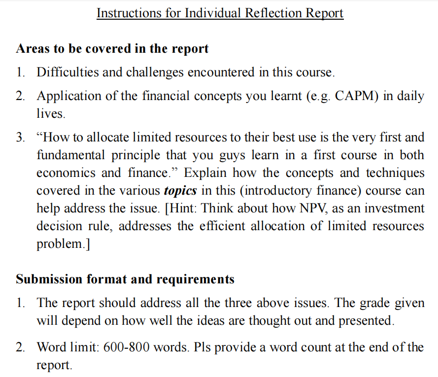 Instructions for Individual Reflection Report Areas | Chegg.com
