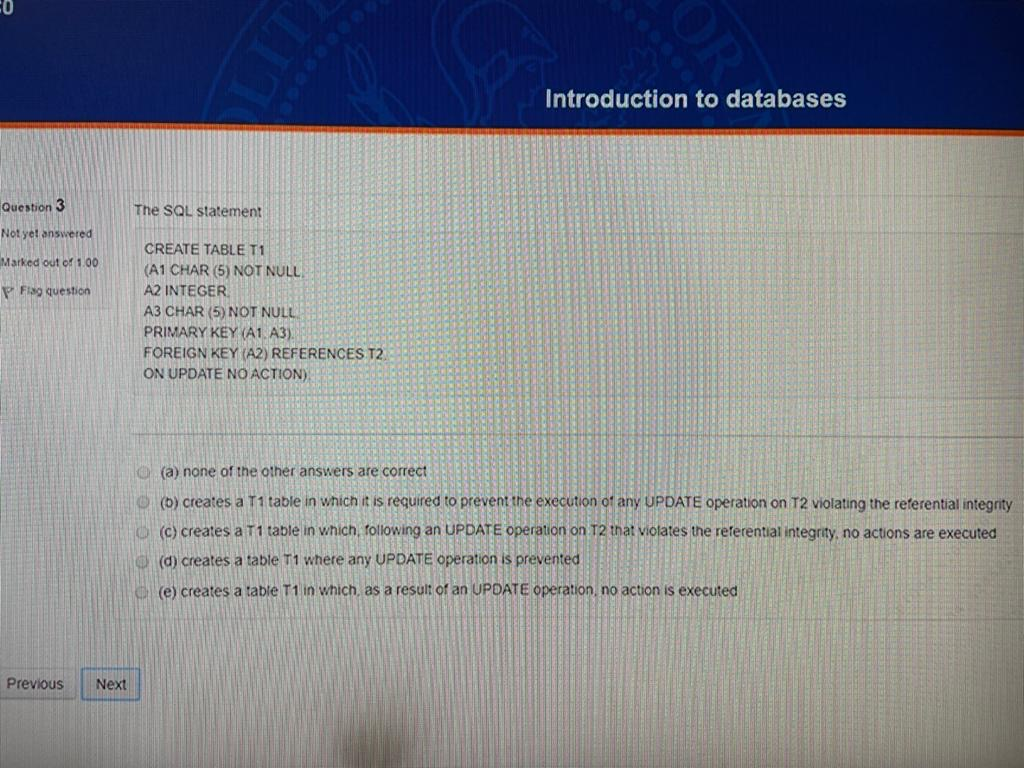 Solved Introduction to databases Question 3 The SQL | Chegg.com