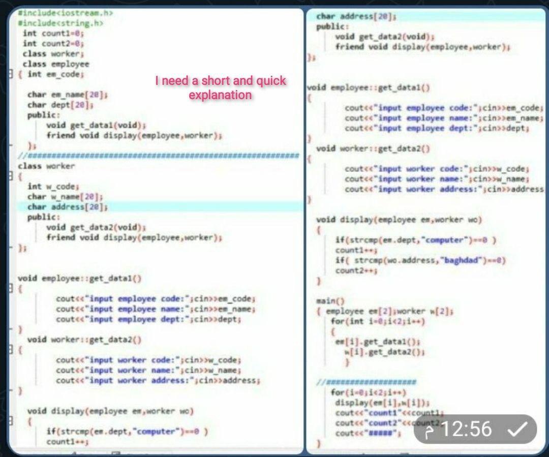 Solved char address(20) public: void get_data(void), friend | Chegg.com