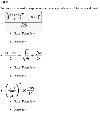 Solved Excel For each mathematical expressions write an | Chegg.com