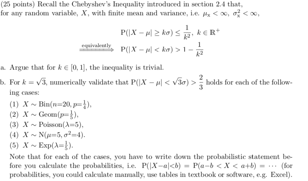 (25 points) Recall the Chebyshev's Inequality | Chegg.com