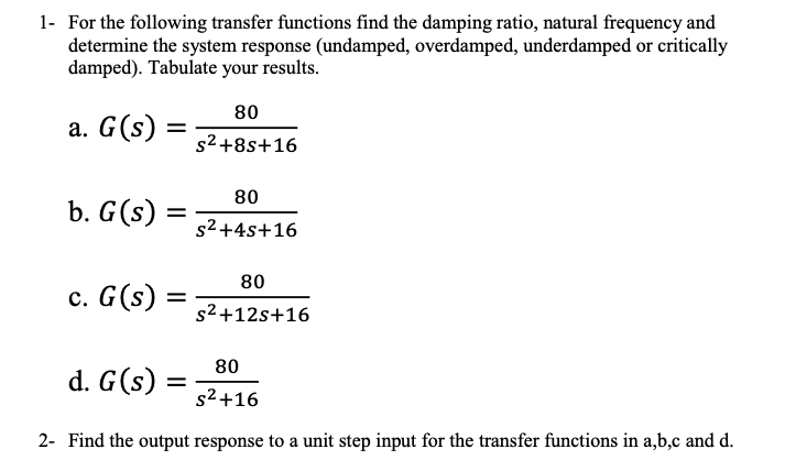 Solved 1- For the following transfer functions find the | Chegg.com