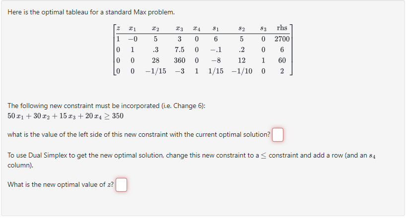 Solved Here is the optimal tableau for a standard Max | Chegg.com