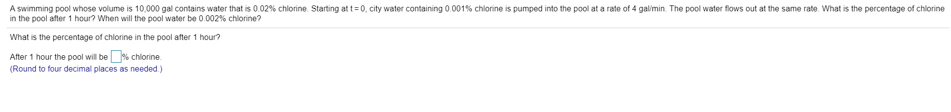 Solved A swimming pool whose volume is 10,000 gal contains | Chegg.com