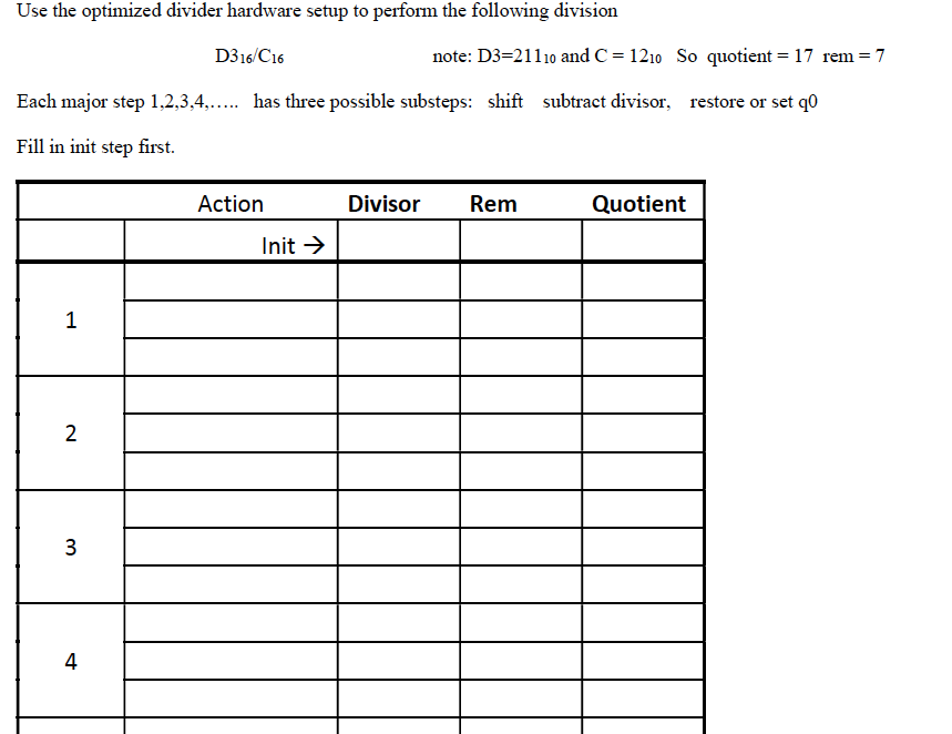 Solved Use the optimized divider hardware setup to perform | Chegg.com