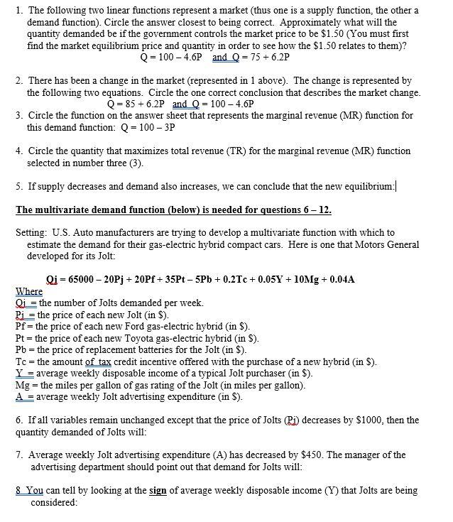 1 The Following Two Linear Functions Represent A