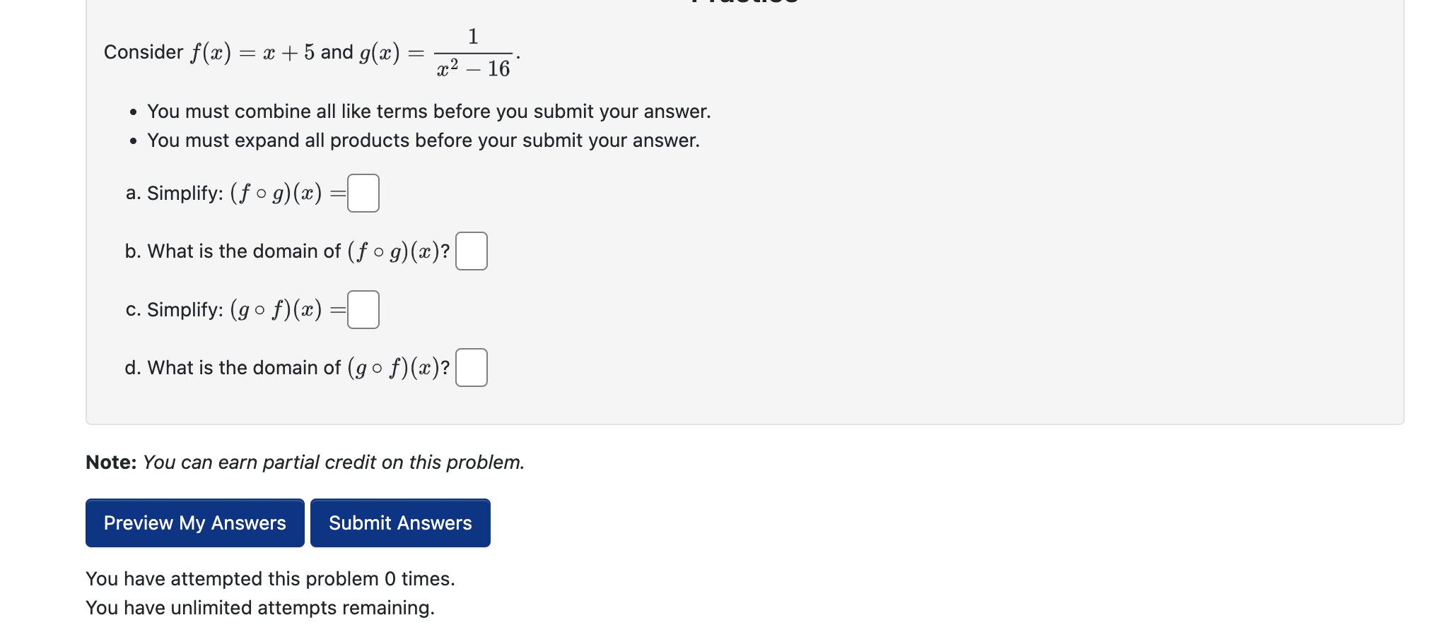Solved Consider f(x)=x+5 and g(x)=x2−161 - You must combine | Chegg.com