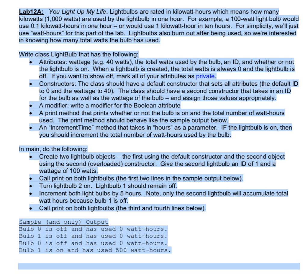 Solved Lab12A: You Light Up My Life. Lightbulbs are rated in | Chegg.com