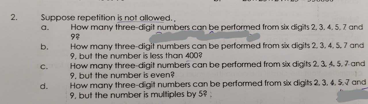 Solved 2. a. Suppose repetition is not allowed.. How many | Chegg.com
