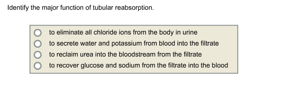 Solved Identify the major function of tubular reabsorption. | Chegg.com