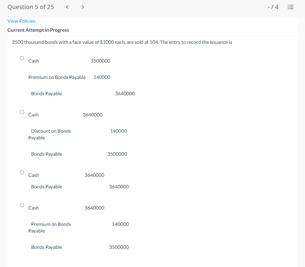 Solved Question 5 of 25 -/4 TIL View Policies Current | Chegg.com