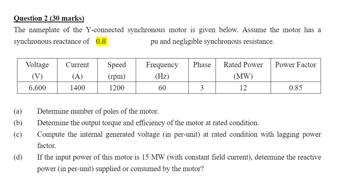 Solved Question 2 (30 marks) The nameplate of the | Chegg.com
