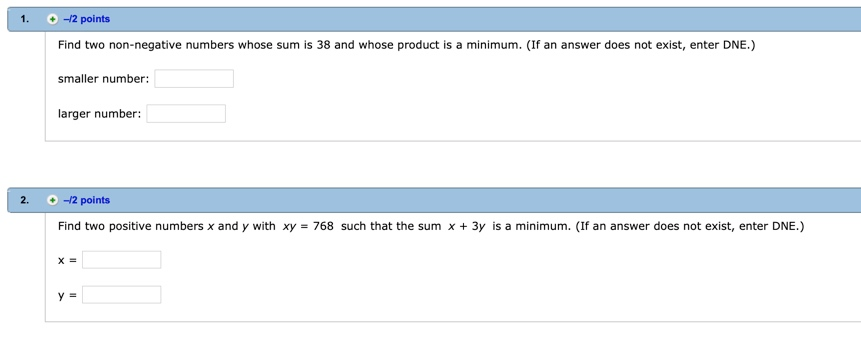 Solved 1. + -2 points Find two non-negative numbers whose | Chegg.com