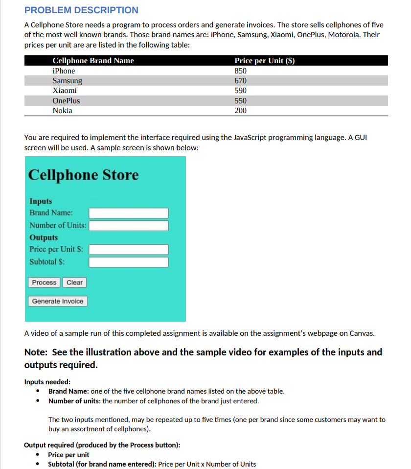 PROBLEM DESCRIPTION A Cellphone Store needs a program | Chegg.com
