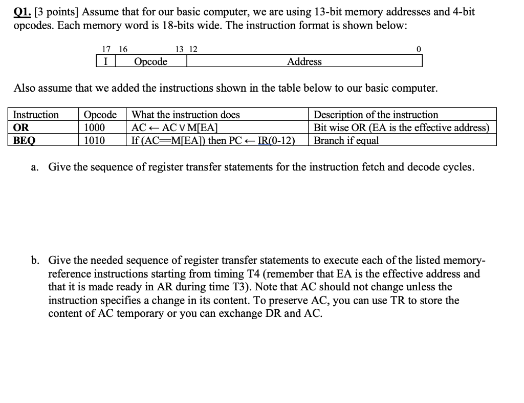 Solved Q1. [3 points] Assume that for our basic computer, we | Chegg.com