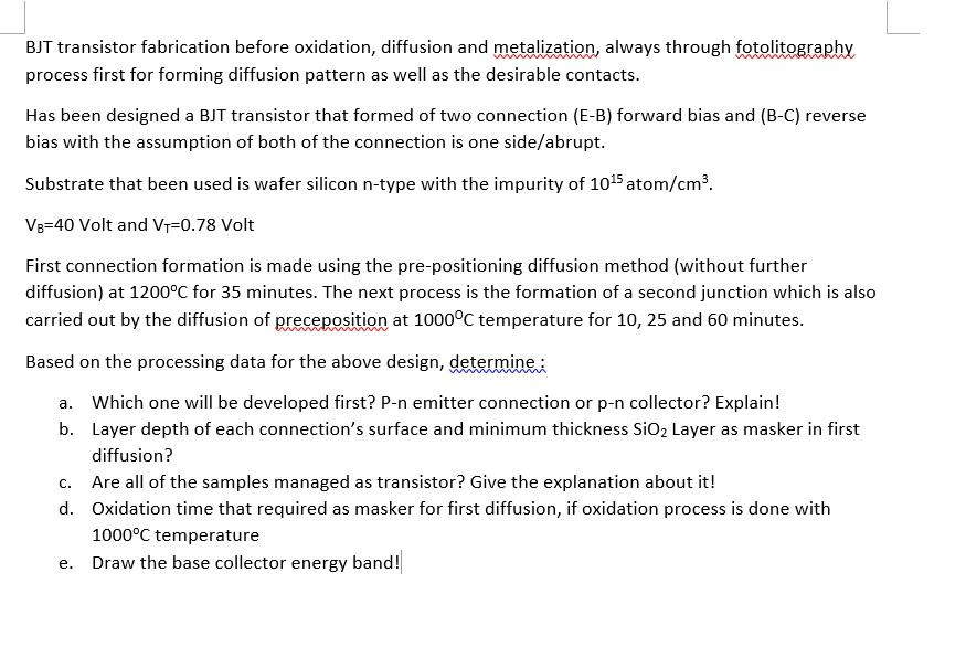BJT transistor fabrication before oxidation, | Chegg.com