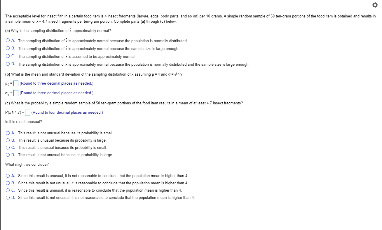 Solved The acceptable level for insect filth in a certain | Chegg.com