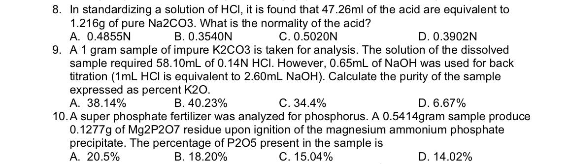 Solved 8. In standardizing a solution of HCl, it is found | Chegg.com