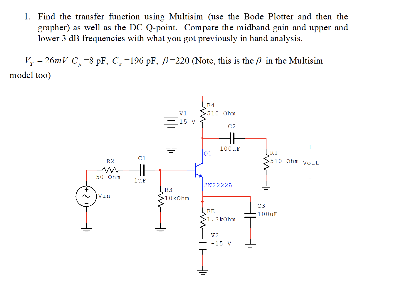 Solved 1. Find the transfer function using Multisim (use the | Chegg.com