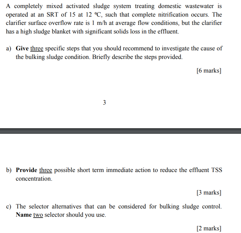 Solved A completely mixed activated sludge system treating | Chegg.com