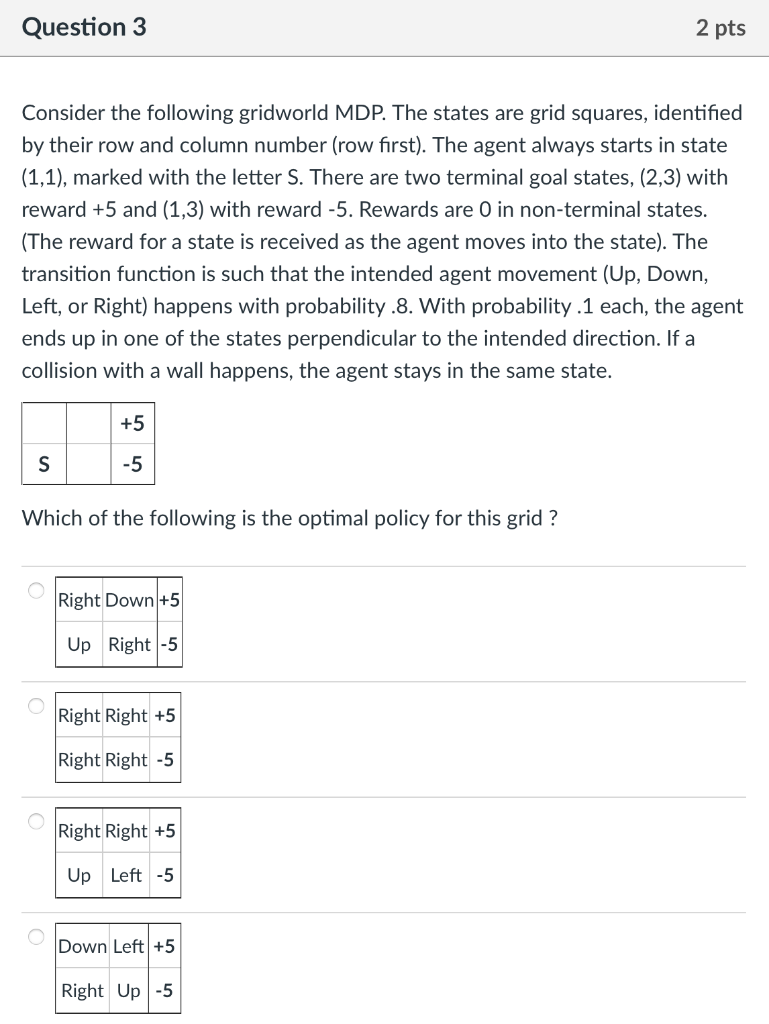 Solved Question 3 2 pts Consider the following gridworld | Chegg.com