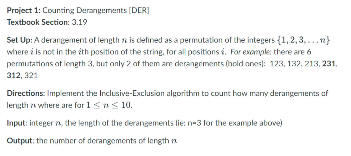 Solved Project 1: Counting Derangements [DER] Textbook | Chegg.com