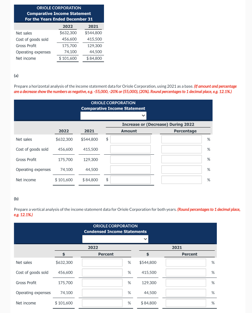 Solved ORIOLE CORPORATION Comparative Income Statement For | Chegg.com