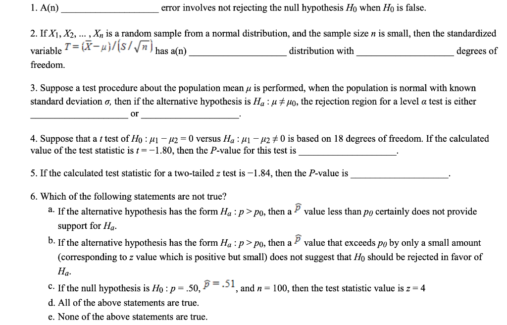 Solved error involves not rejecting the null hypothesis Ho | Chegg.com