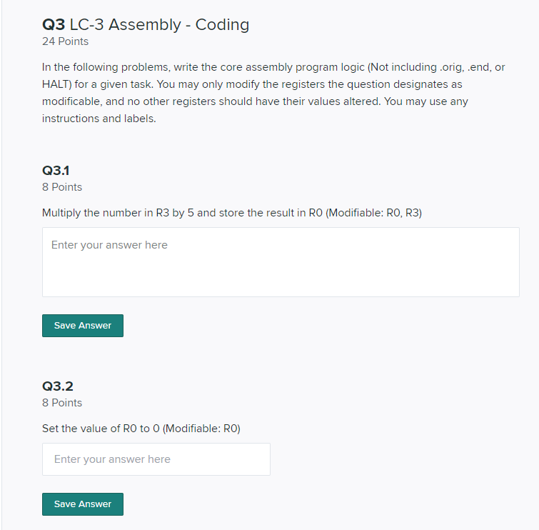 Solved Q3 LC-3 Assembly - Coding 24 Points In the following | Chegg.com