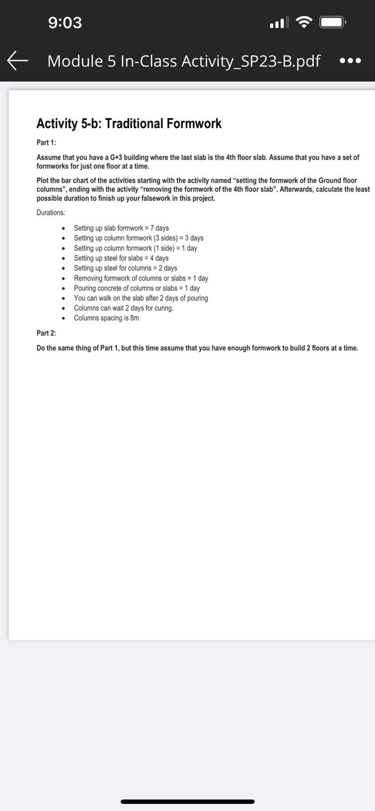 Solved Activity 5-b: Traditional Formwork Part 1: Assume | Chegg.com