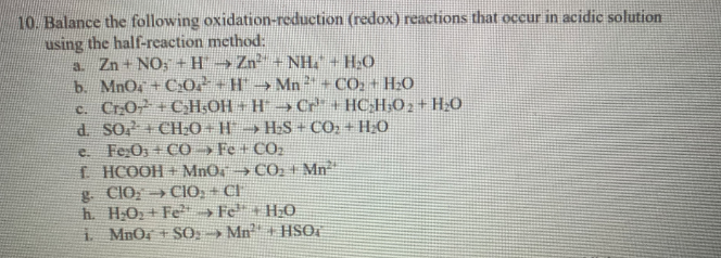 Solved 10. Balance the following oxidation-reduction (redox) | Chegg.com