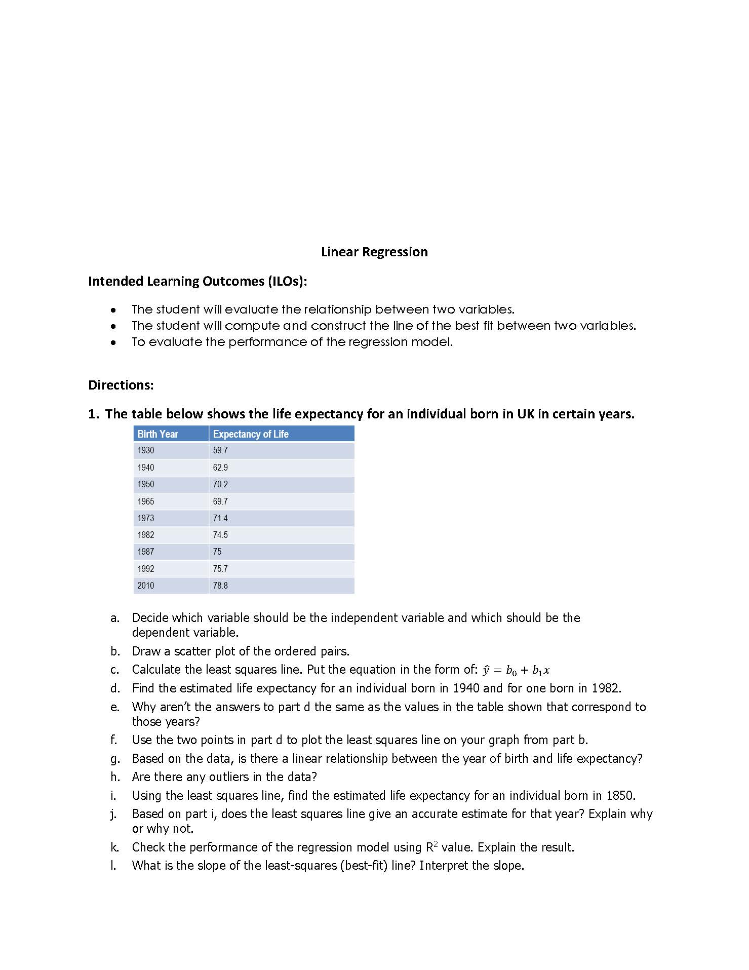 Linear RegressionIntended Learning Outcomes | Chegg.com
